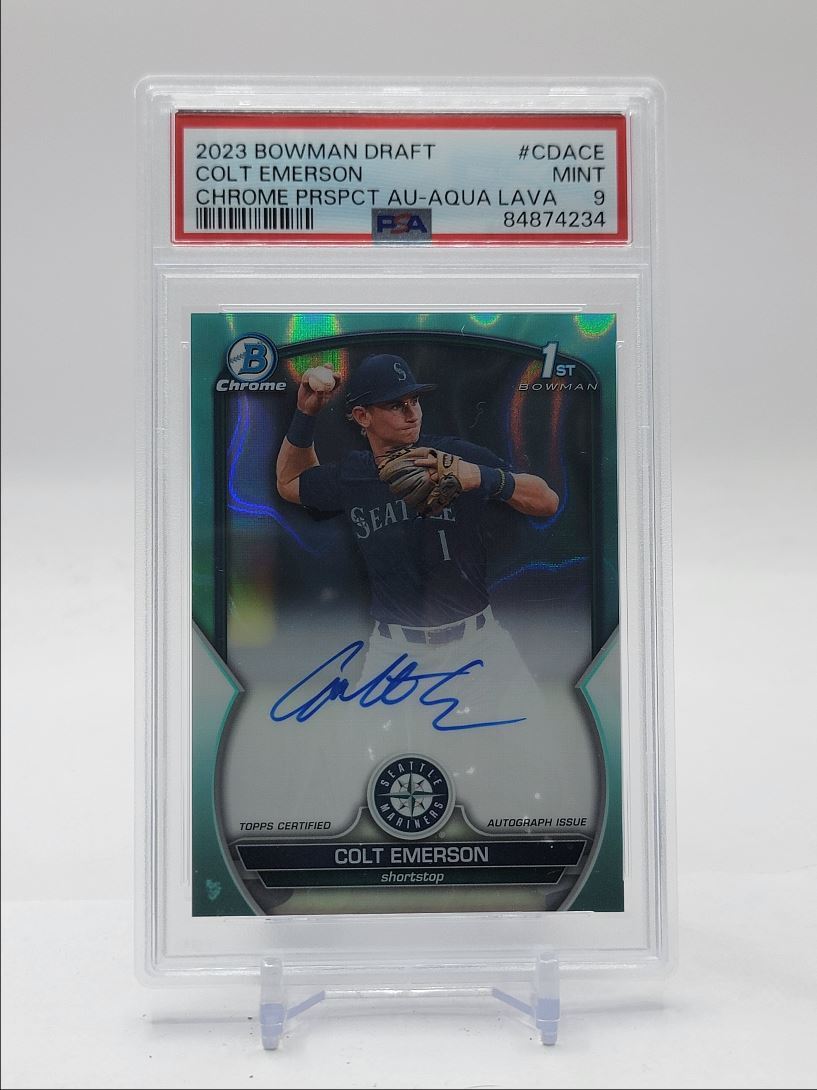 COLT EMERSON 2023 BOWMAN CHROME DRAFT 1ST AQUA LAVA AUTO /199 PSA 9 ...