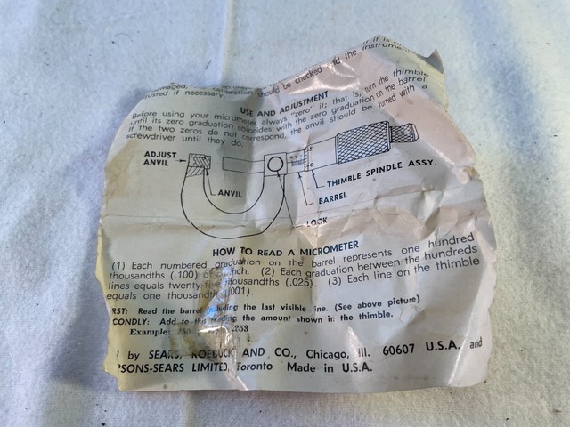 SEARS COMPANION MICROMETER 0-1" 940701 WITH BOX AND INSTRUCTIONS VTG ...