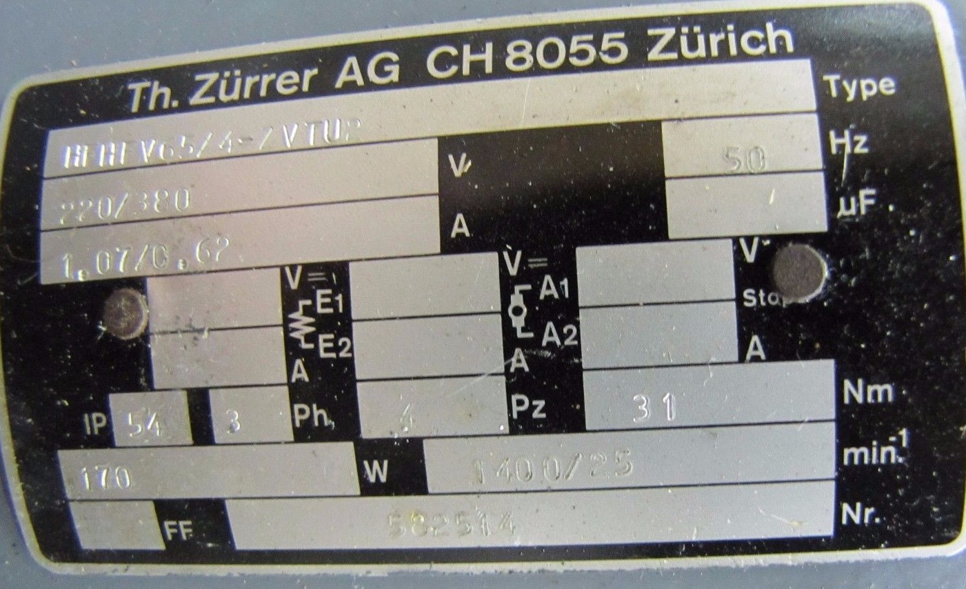 TH. ZURRER AG CH 8055 ZURICH HFHFV65/4-ZVTU2 220/380V 50HZ 1400/25 RPM ...