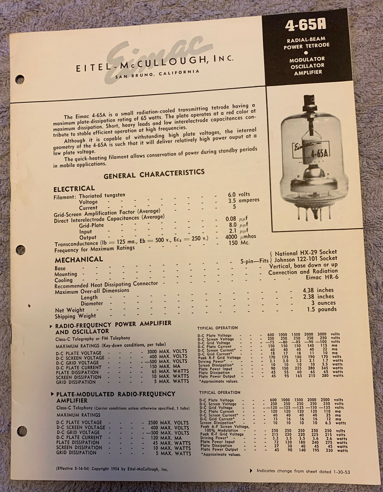 Eitel-McCullough Eimac 4-65A Radial Beam Power Tetrode, MOA Tube Data ...