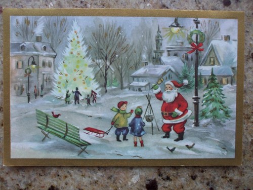 Vintage Christmas Card Town Square Salvation Army Santa Claus Bell ...