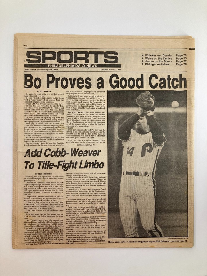 Philadelphia Daily News Tabloid May 11 1982 MLB 76ers Catcher Bo Diaz ...