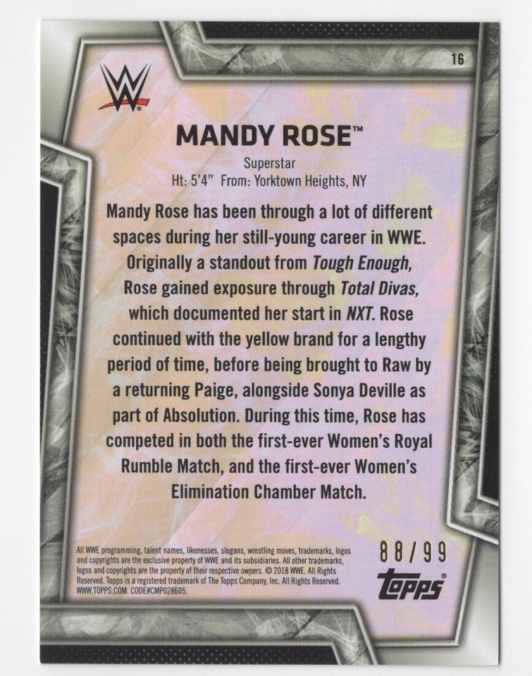 Mandy Rose 2018 Topps WWE Women's Division Autograph Card Auto Purple ...