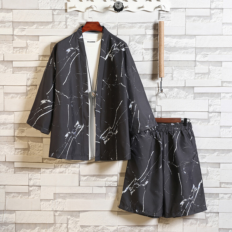 Men Kimono and Shorts Set 3/4 Sleeve Yukata Shirt Tops Half Pants ...