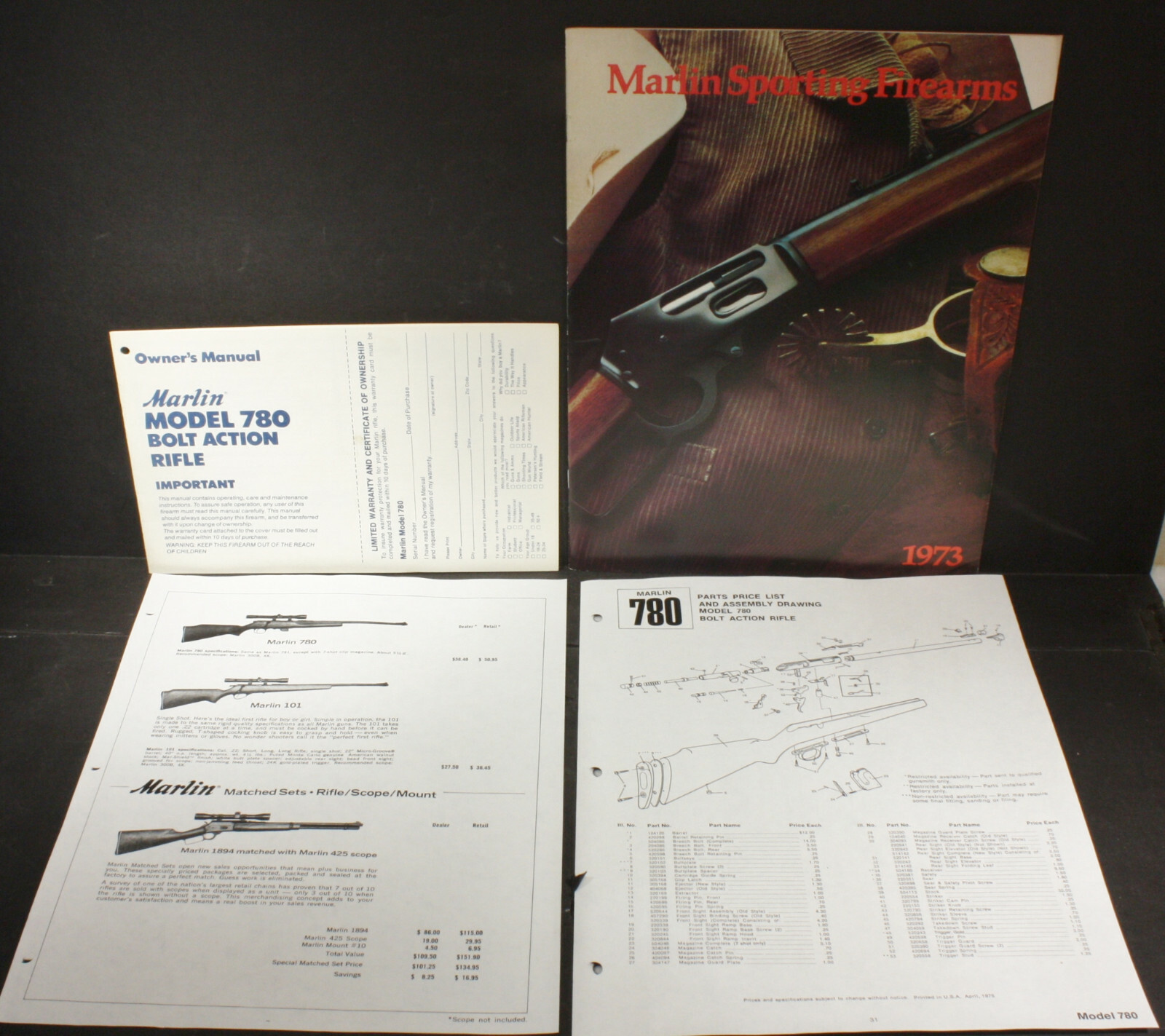 Marlin 780 Rifle Owner’s Manual, 1973 Marlin Catalog, Parts/Drawings ...