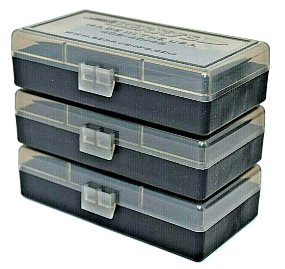 3 x 45 ACP / 40 S&W BERRY'S PLASTIC AMMO BOXES (3) SMOKE/BLACK 50 Round ...