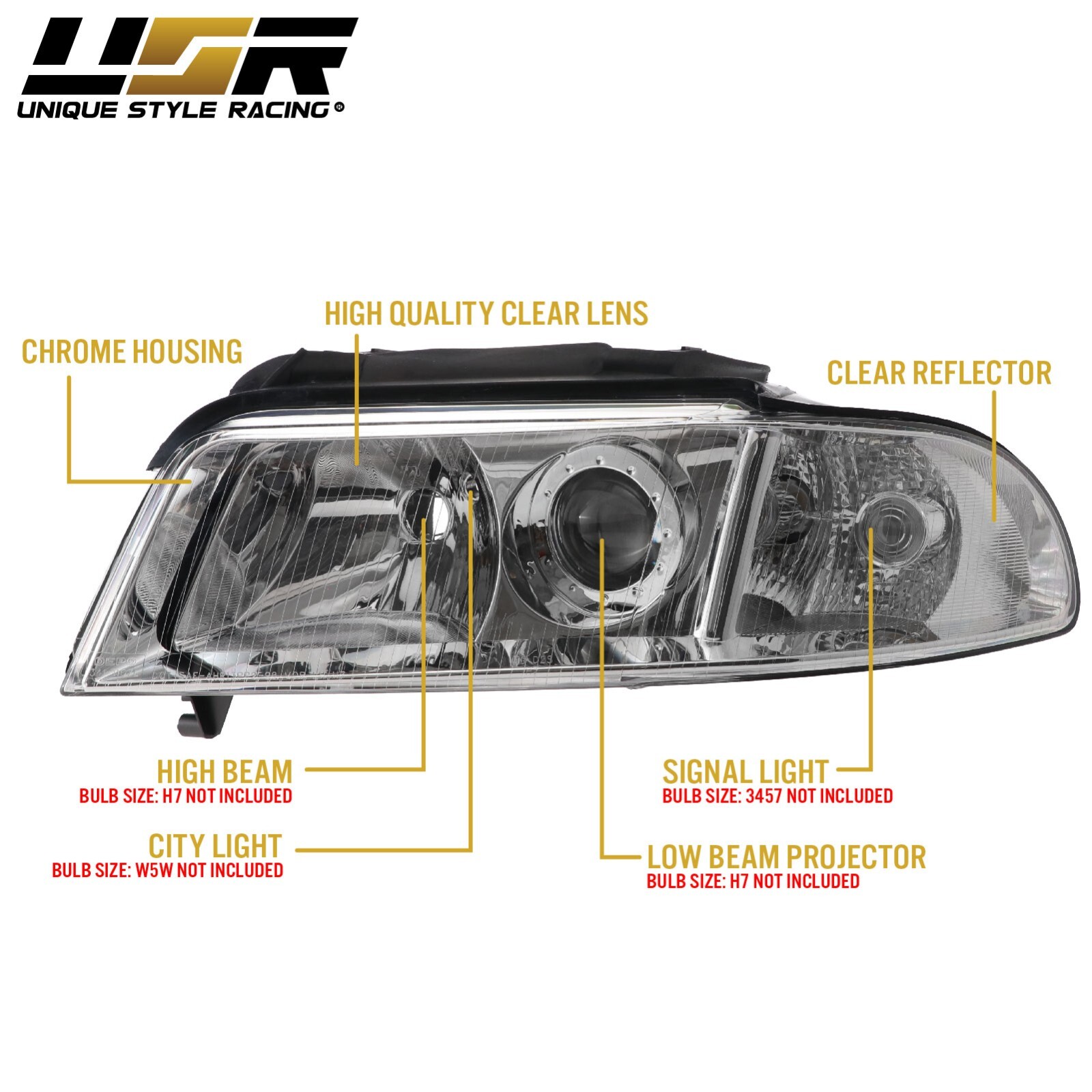 DEPO ECode Chrome Projector Headlight Pair For 99-01 Audi A4 / 00-02 S4 ...