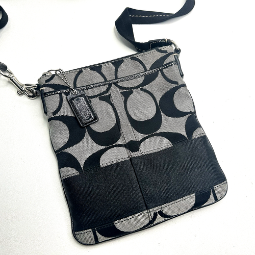 COACH Stripe Swingpack Purse Jacquard/Leather Crossbody Black Zip Top ...