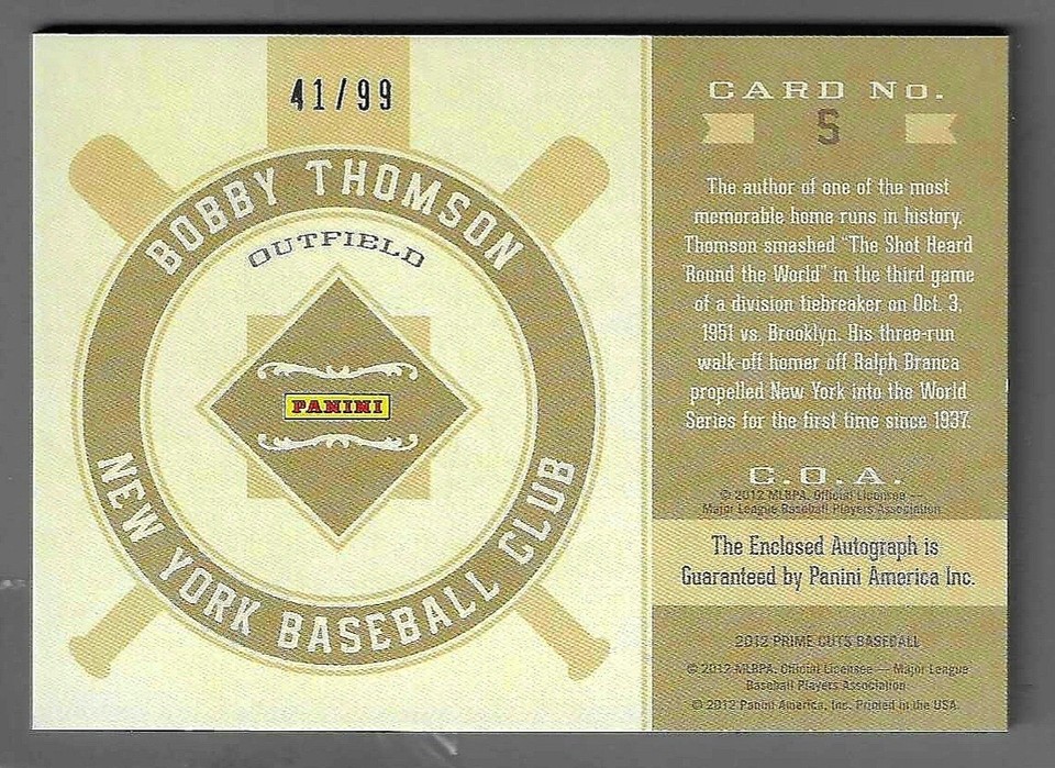 BOBBY THOMPSON ⭐ 2012 Prime Cuts Souvenir Cuts CUT AUTO Signature /99 ...