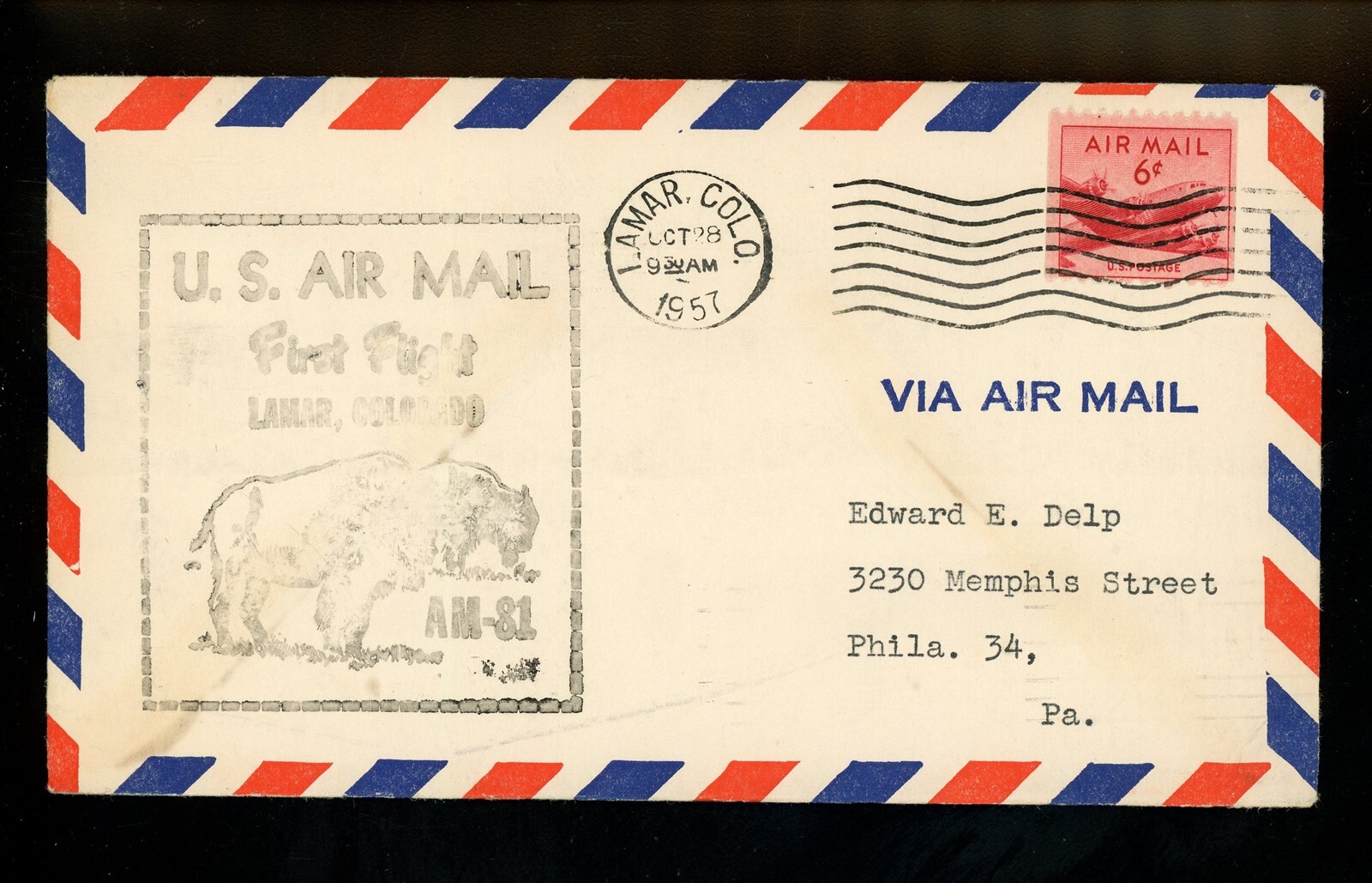 US Postal History Airmail CAM 81 Lamar CO 1957 AAMC #81W66 Bison ...