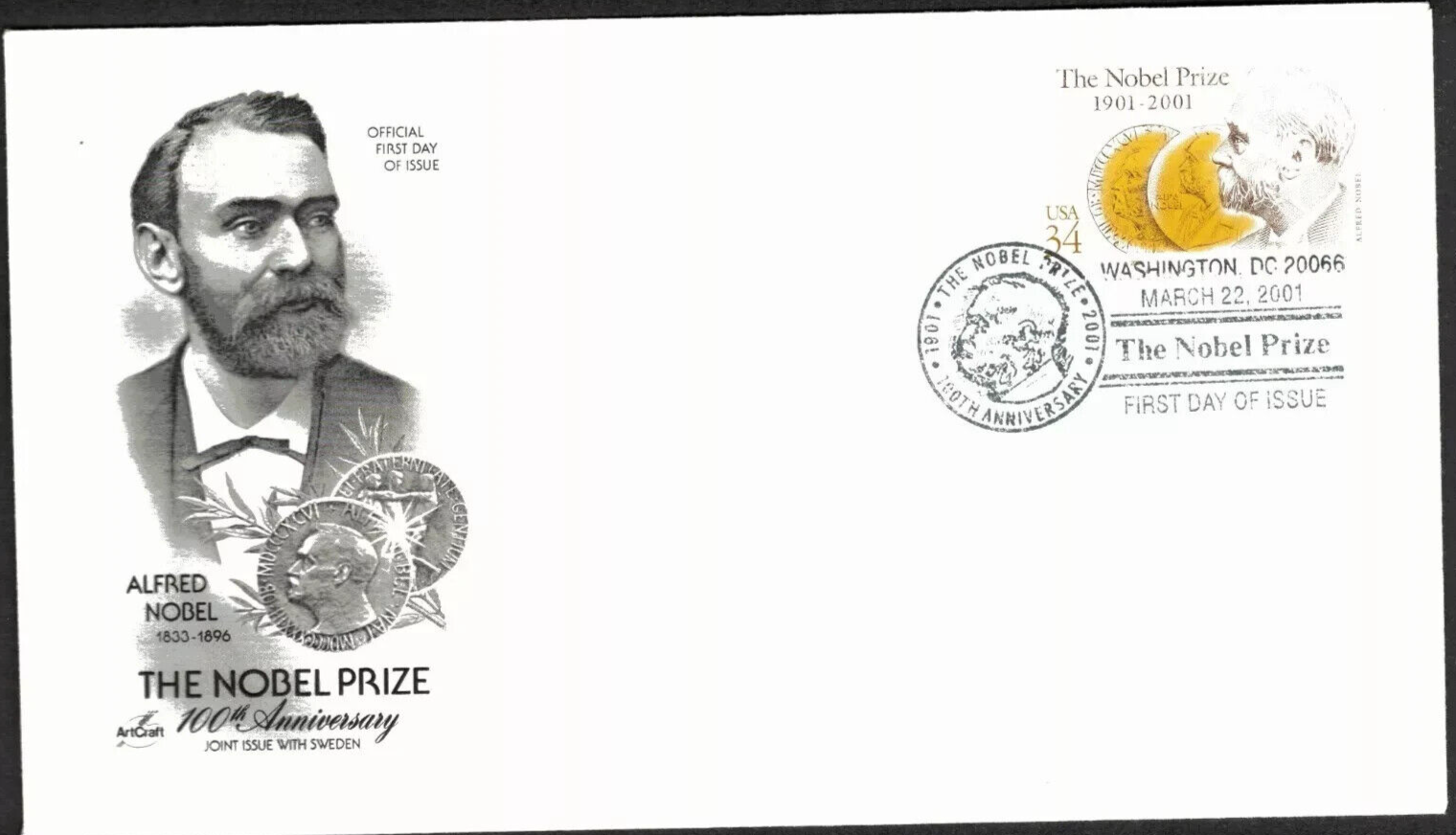 ALFRED NOBEL THE NOBEL PRIZE 100TH ANNIVERSARY 2001 ARTCRAFT CACHET FDC ...