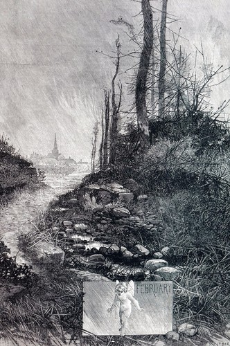 February Birthday Print 1880 ANGEL WINTER SCENE STREAM Matted Engraving ...