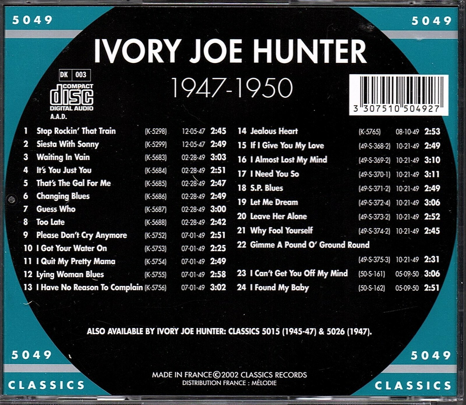 IVORY JOE HUNTER CD CLASSICS ' THE CHRONOLOGICAL 1947-1950 ' | eBay