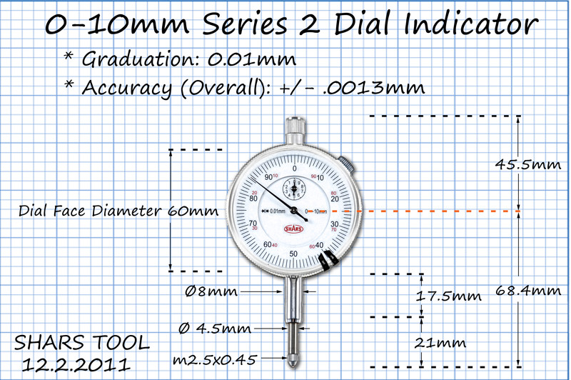 Shars 10mm Precision Dial Indicator .01mm AGD2 Graduation Travel Lug ...