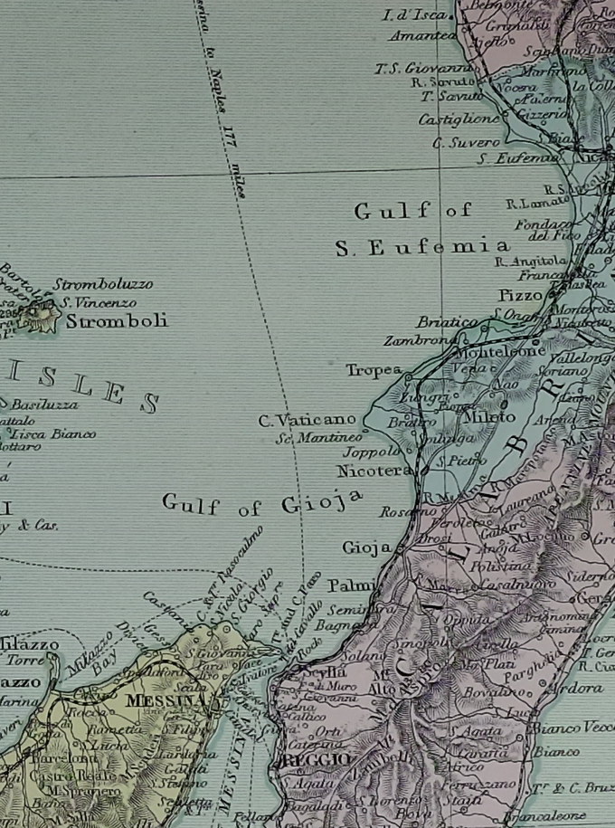 1891 ANTIQUE MAP ITALY SOUTH ~ LIPARI ISLES CALABRIA & SICILY MESSINA ...
