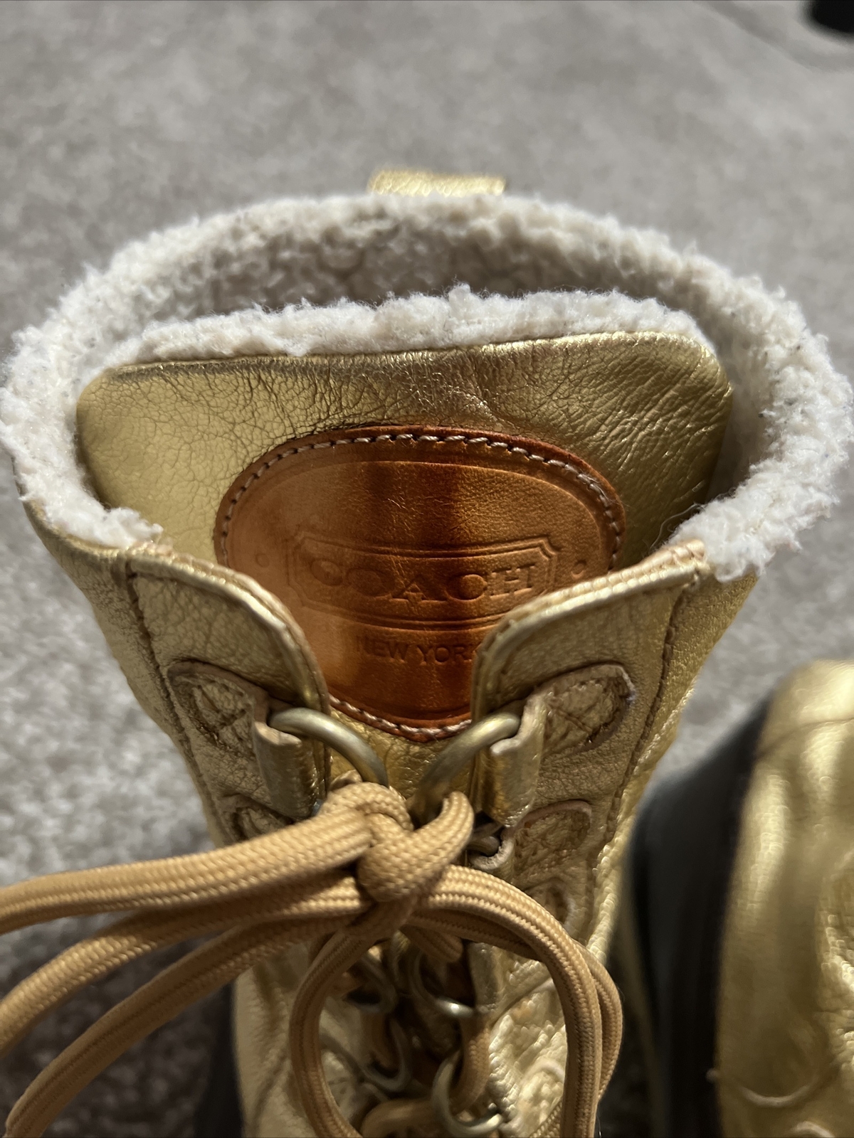 COACH Size 7.5 Gold Brown Duck Boots Laura Leather Trim Metallic Snow ...