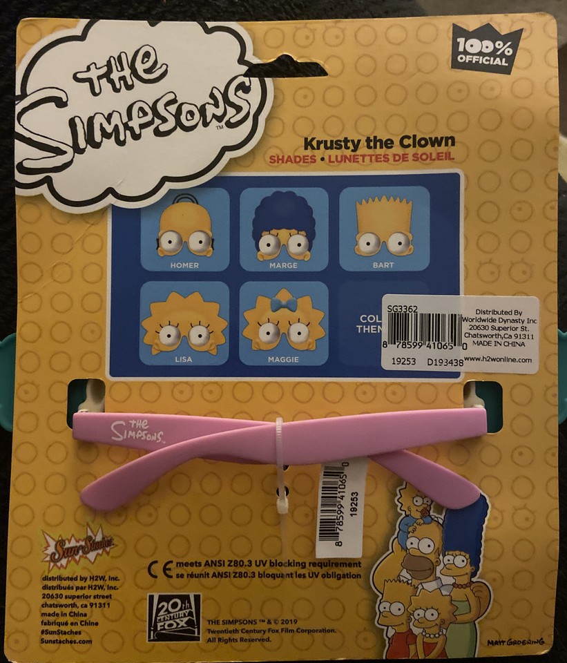 Sun-Staches The Simpsons Krusty Clown Character Sunglasses Costume ...