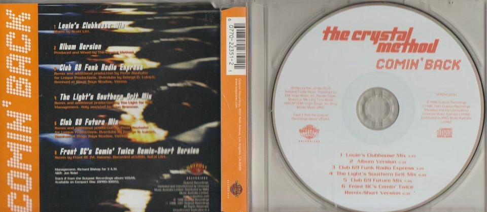 C.D.MUSIC. H704 THE CRYSTAL METHOD COMIN' BACK SINGLE 6 TRACK CD | eBay