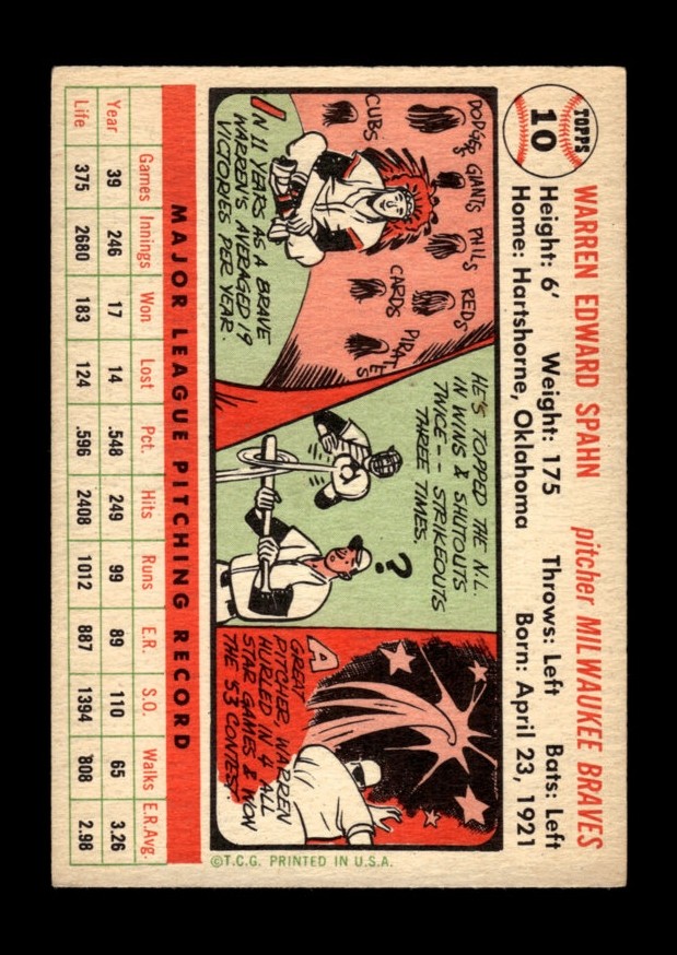 1956 Topps Set-Break # 10 Warren Spahn VG-VGEX (white back) *GMCARDS ...