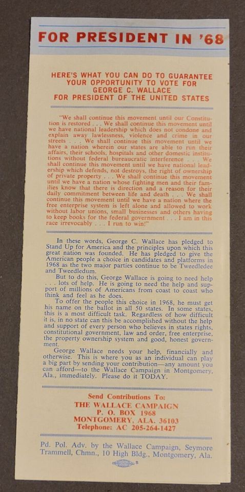 GEORGE C. WALLACE for President "Stand Up For America" 1968 Brochure ...