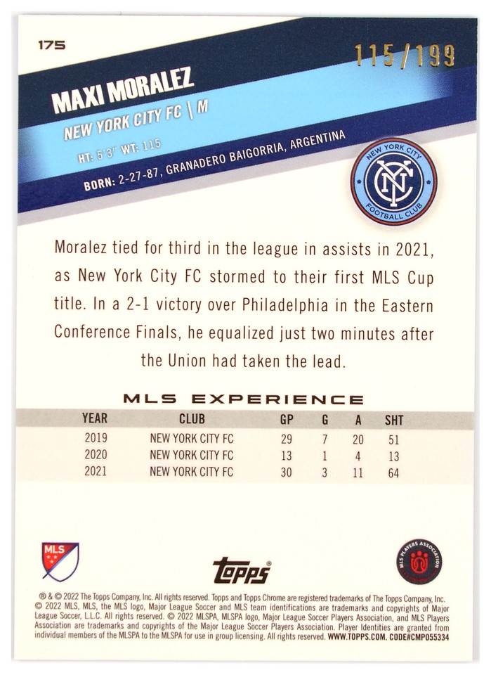 MAXI MORALEZ - 2022 Topps Chrome MLS Blue Mini-Diamond SN #175 NYCFC ...
