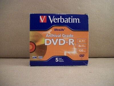 New in Box Verbatim DVD-R 4.7GB 8X UltraLife Gold Archival Grade 5pk ...