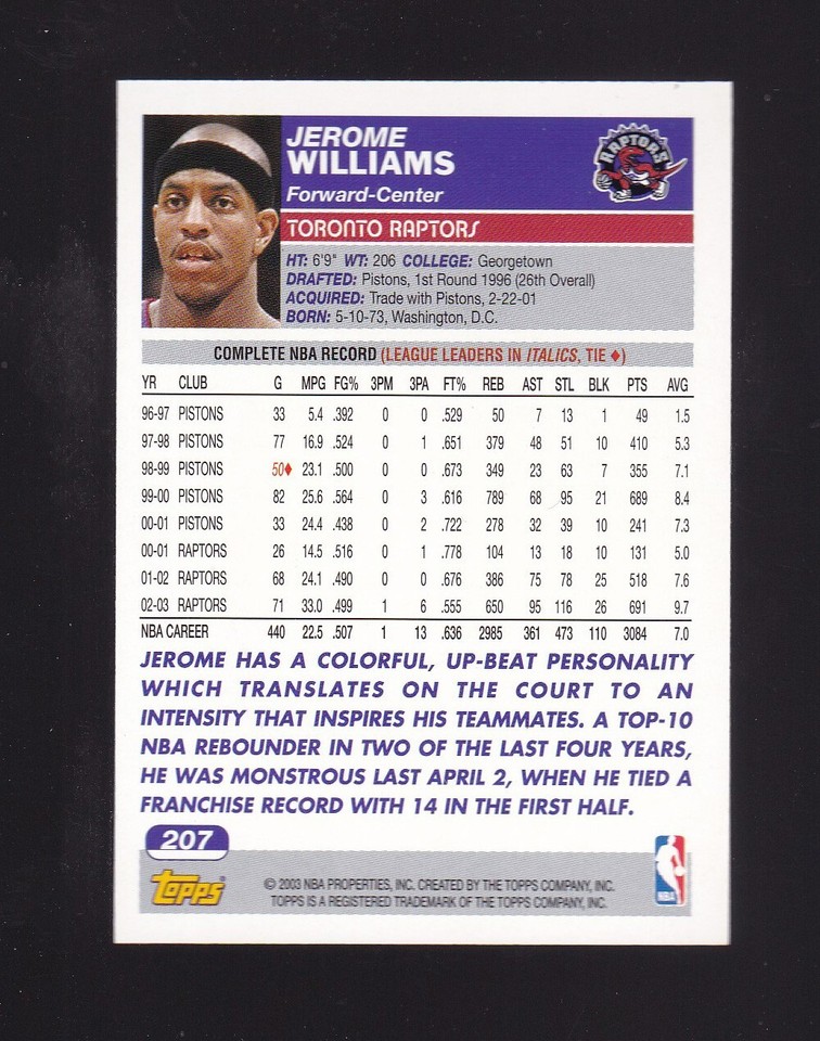 2003-04 Topps Jerome Williams #207 Toronto Raptors | eBay
