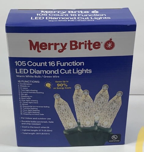Merry Brite 105 LED Diamond Cut Christmas Lights Warm White Bulbs Green ...