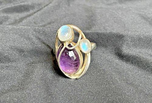 💜 Amethyst & Rainbow Moonstone Sterling Silver Ring – Size U (2 cm ...