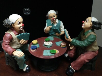 Vintage Set of 3 Clowns Playing Poker at Poker Table Each 9" Tall Resin ...