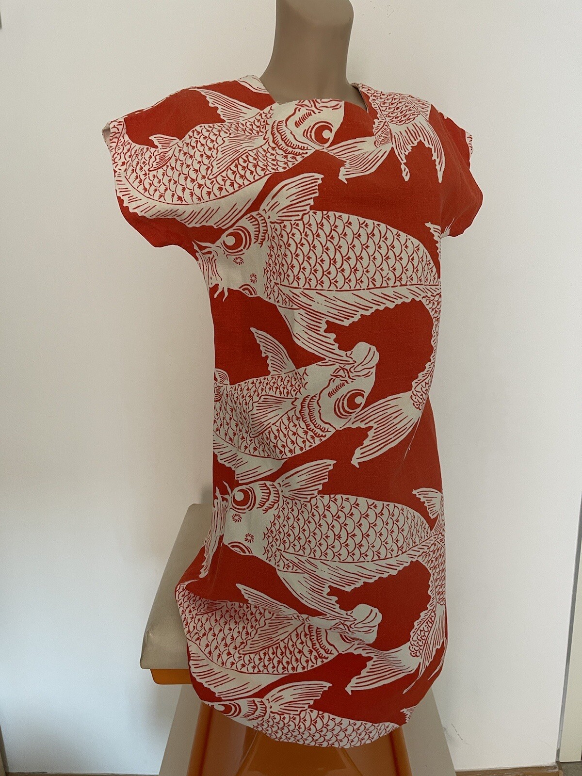Manuel Canovas A Paris Vintage dress Red White Canvas Cotton Fish Carp ...