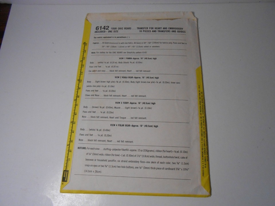 VTG Simplicity Sewing Pattern 6142 Plush Stuffed Animals Panda Koala ...