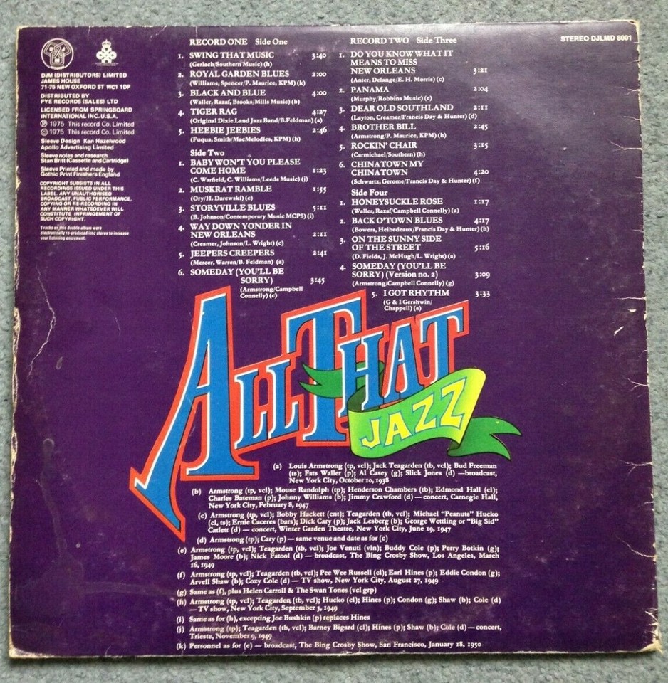 LOUIS ARMSTRONG - All That Jazz (1975) Vinyl LP (DJLMD 8001) Jazz Swing ...