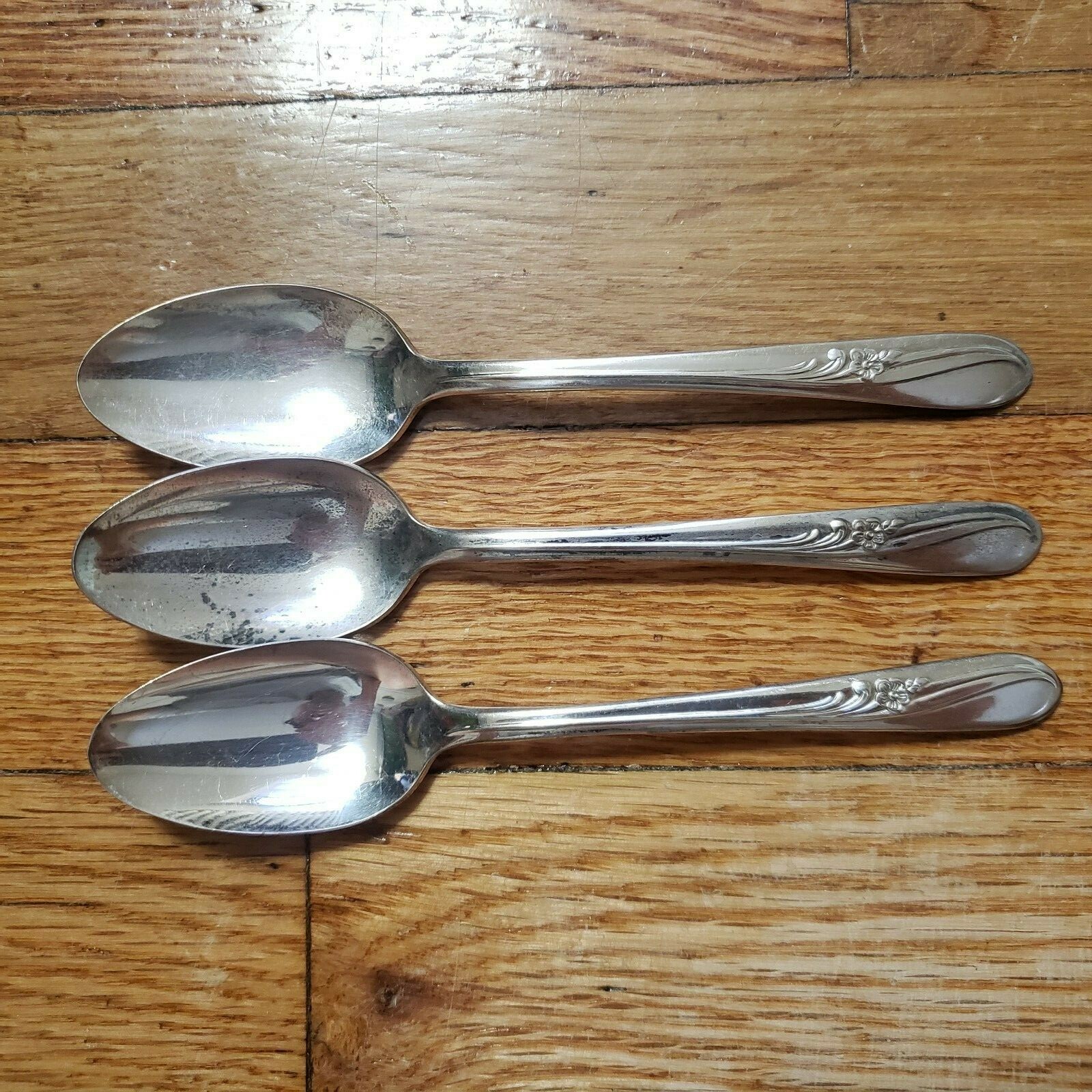 3 ANTIQUE VINTAGE COLLECTIBLE TEA SPOONS 6" H & T MFG CO SILVER PLATE ...