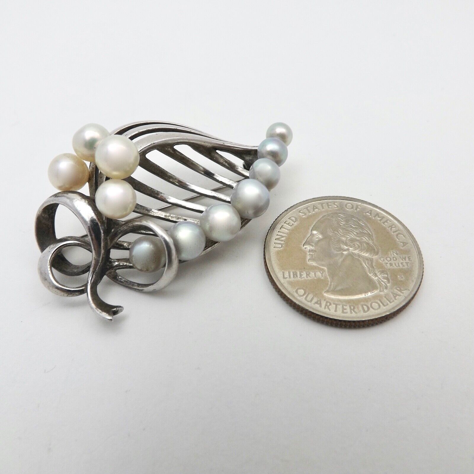 Mikimoto Sterling Silver Akoya Pearl Spray Ribbon Bro… - Gem Mikimoto Sterling Silver Akoya Pearl Spray Ribbon Bro… - Gem