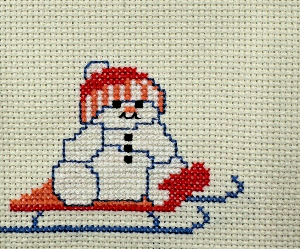 Cross Stitch Whimsical Snowman Riding On His Sled Winter Holiday ...