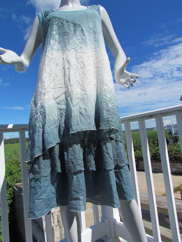 NEW 1X Pyramid Collection dress tank layered white blue ombré lace ...