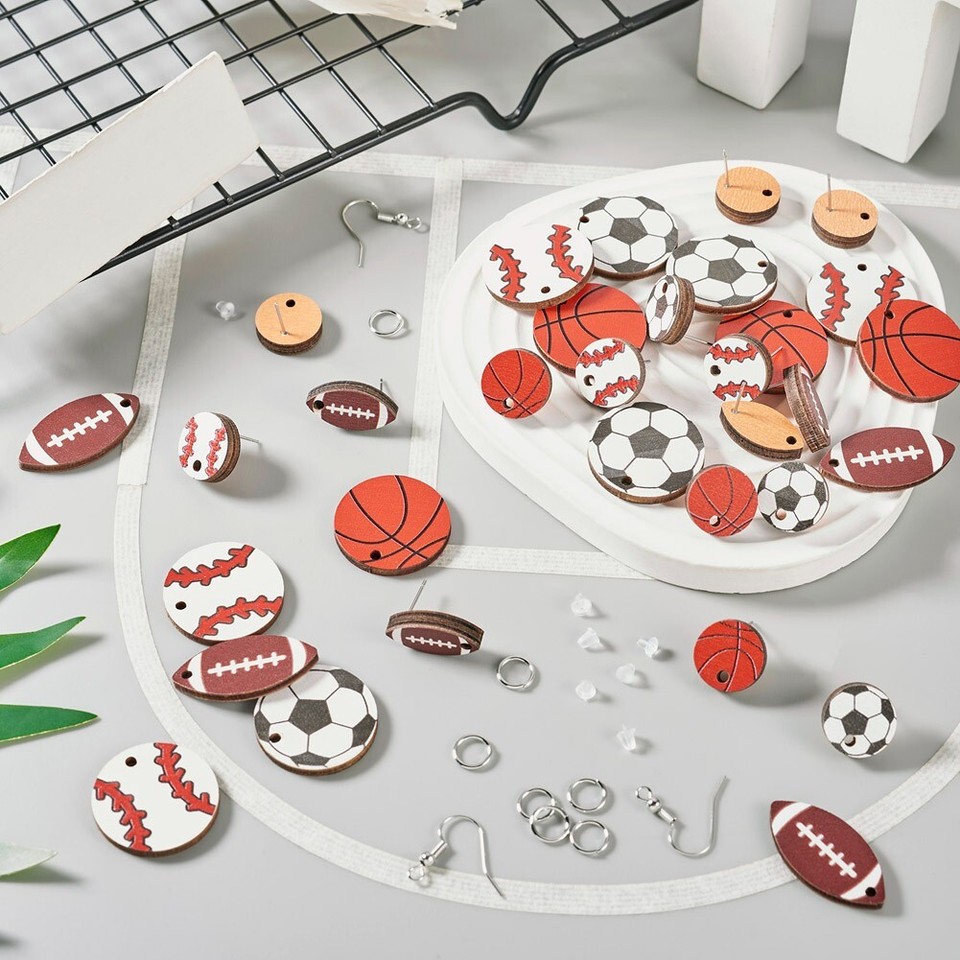 16Pairs DIY Sport Theme Rugby Wood Flat Round Oval Pendants Earring ...