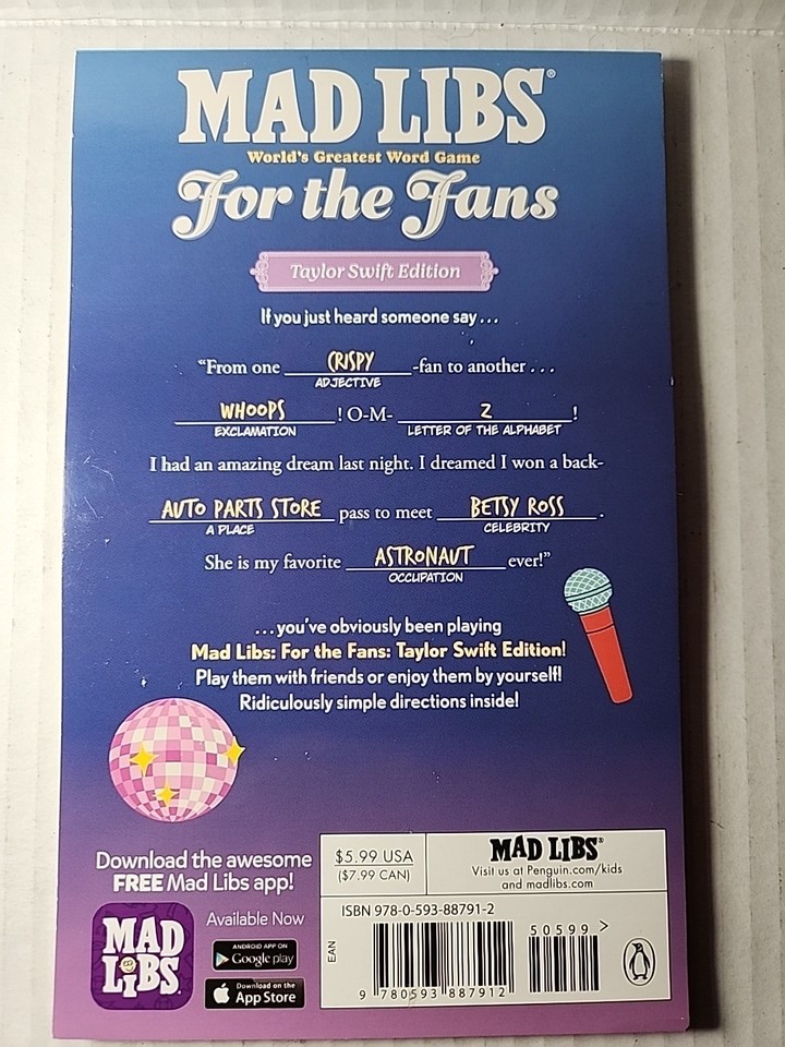 Mad Libs- Taylor Swift Edition "For the Fans", Fill In The Blank Word ...