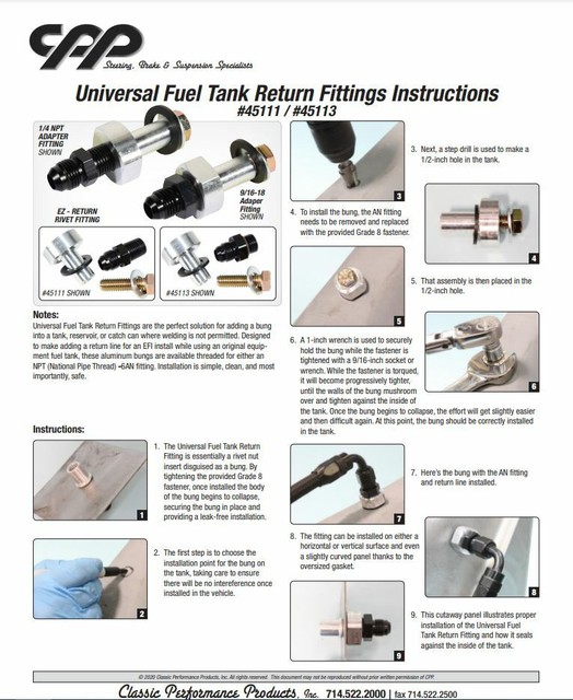 CPP Universal Fuel Tank Return Line Bung Kit No Welding Required for ...