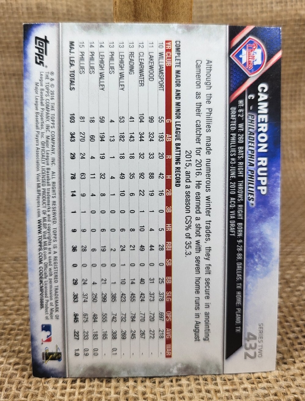 2016 Topps Series 2 Cameron Rupp Baseball Card #432 Phillies FREE S&H ...