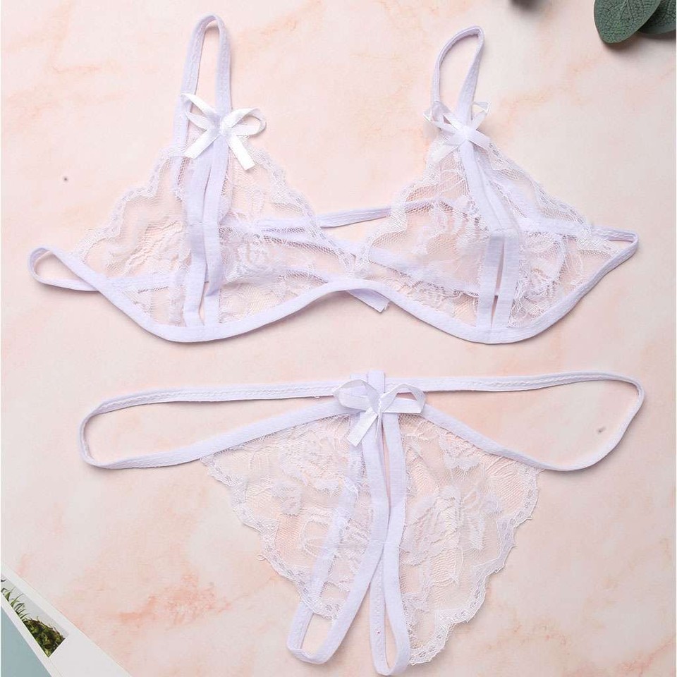 Women Lingerie Underwear Set Open Cup Sheer Lace Bra Open Crotch Pant ...