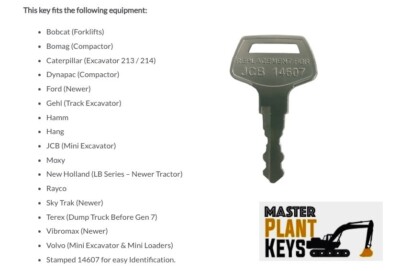 JCB BOMAG Master Plant Key 14607 Fits Heavy Construction Machinery ...