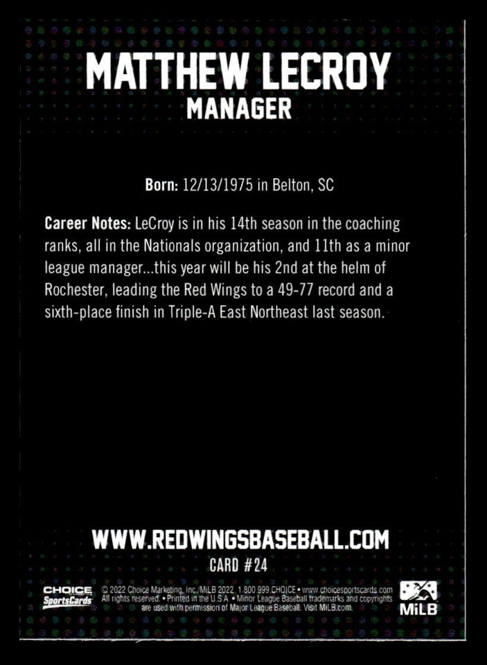 Matt LeCroy 2022 Choice Rochester Red Wings #24 Rochester Red Wings | eBay