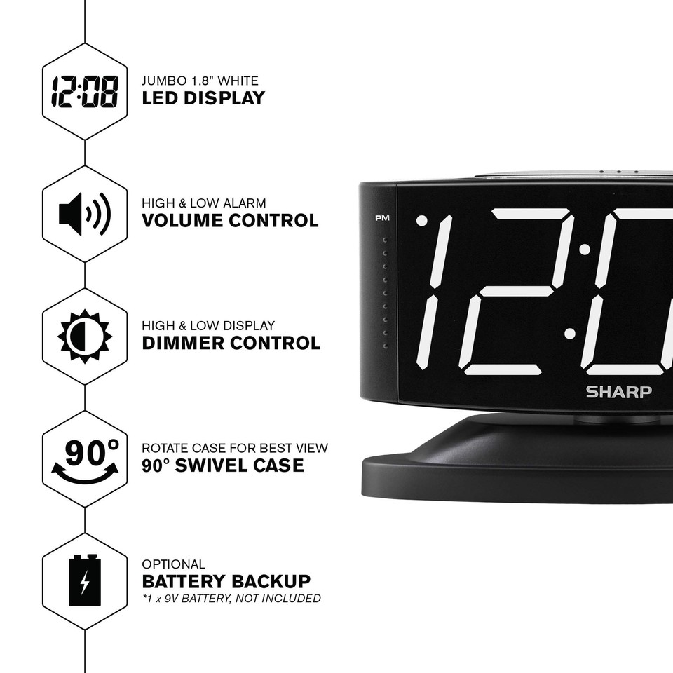 SHARP Home LED Digital Alarm Clock â€“ Swivel Base - Outlet Powered ...