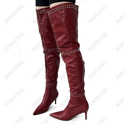 Women Winter Thigh Boots Studded Stiletto Heels Pointed Toe Red Banquet ...