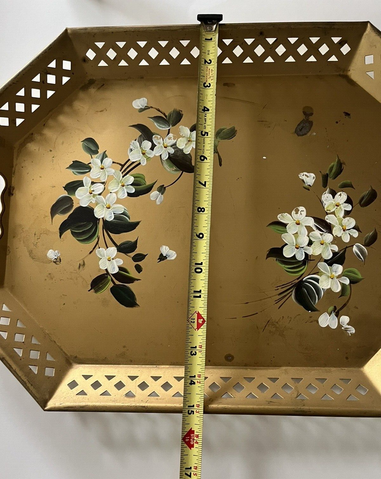 Large Tole Ware Serving Tray Metal Hand Painted Gold White Green ...