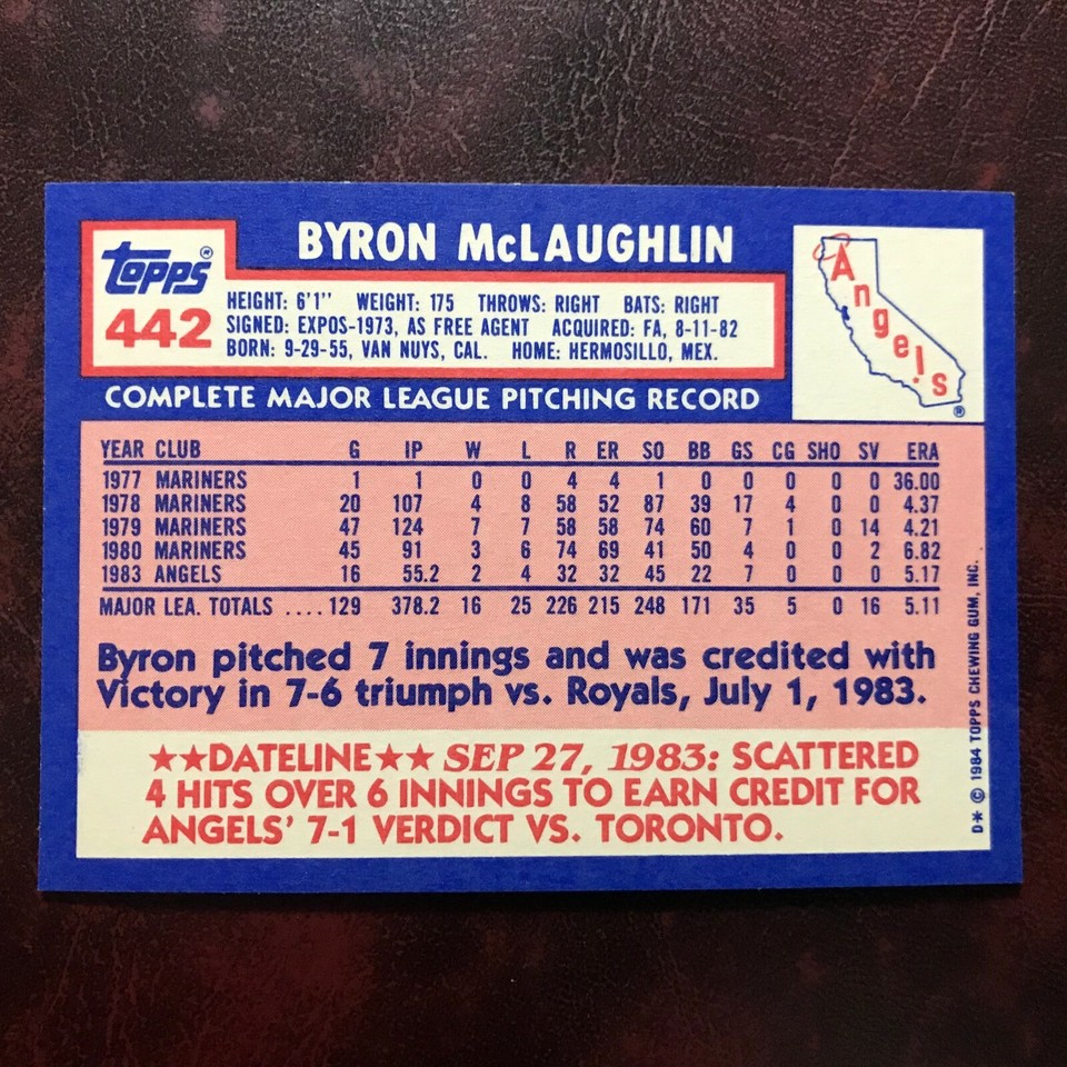 1984 Topps TIFFANY Set BYRON MCLAUGHLIN #442 ANGELS ** MINT ** HIGH ...