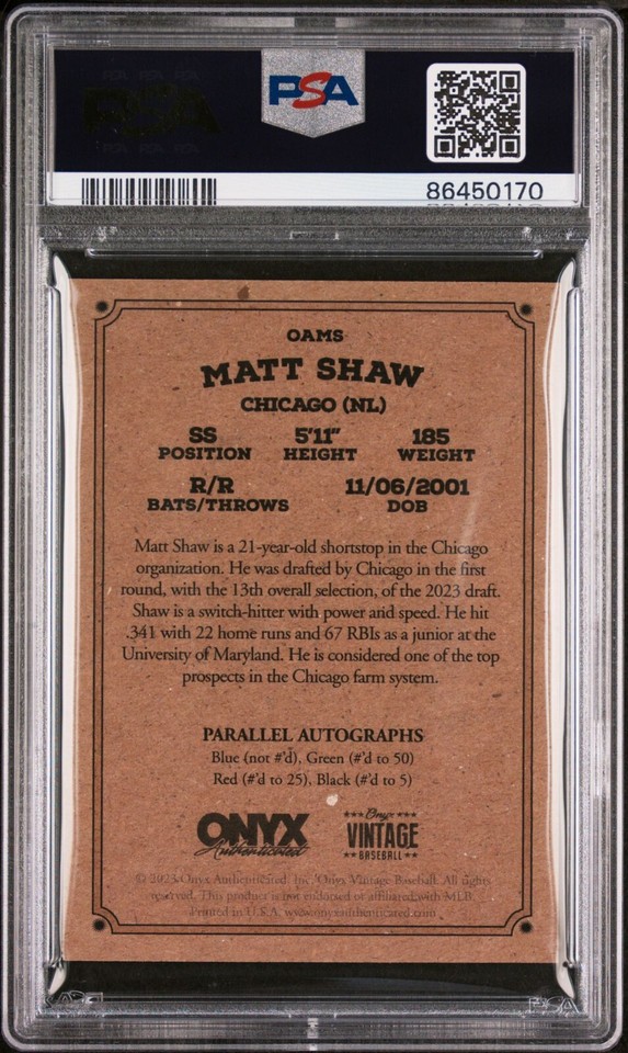 2023 Onyx Extended AUTOGRAPH Blue Ink MATT SHAW Chicago Cubs PSA 9 MINT ...
