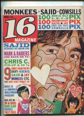 16 Magazine Mar.1968 Monkees Sajid Cowsills Rascals Sally Field Doors ...